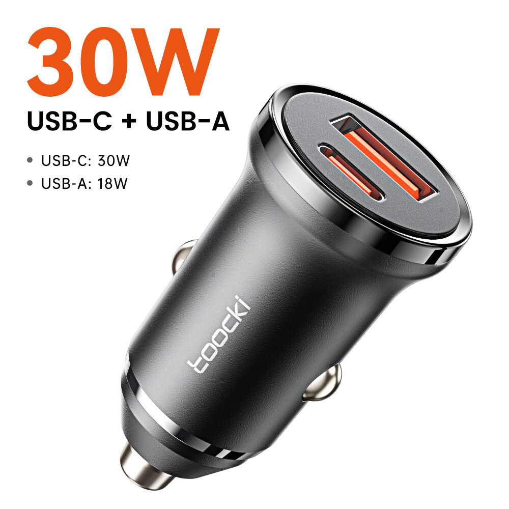 Toocki Быстрая Зарядка 30Вт USB-A + USB-C Автомобильное Зарядное Устройство Черный Зарядник Английская Упаковка