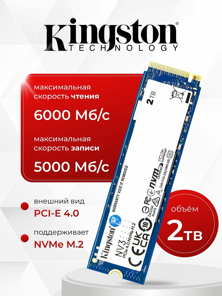Kingston 2 ТБ Внутренний SSD-диск , M.2, PCI-E 4.0 16 Гбит/с (NV3 M.2 PCI-E 4.0 (SNV2S/1000G))