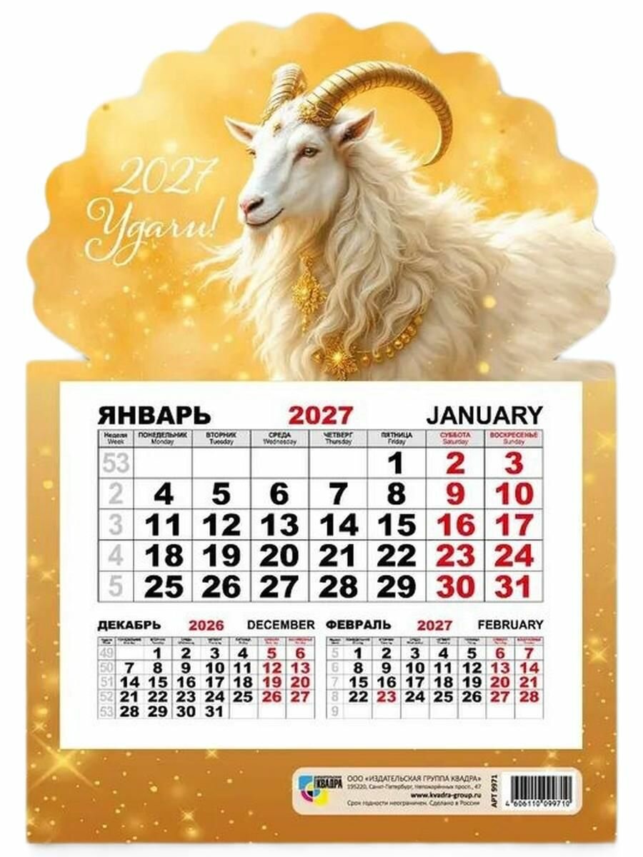 Календарь моно на магните 2027 год. 21*14,8 см. Символ года Квадра