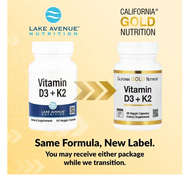 California Gold Nutrition, витамины D3 и К2, 60 растительных капсул