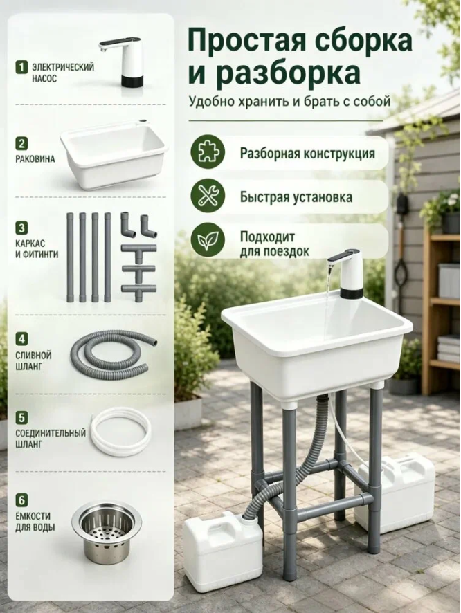 Раковина изготовлена из толстого пластика, с полочками, с электрическим водяным насосом, модель белого цвета — фото 1