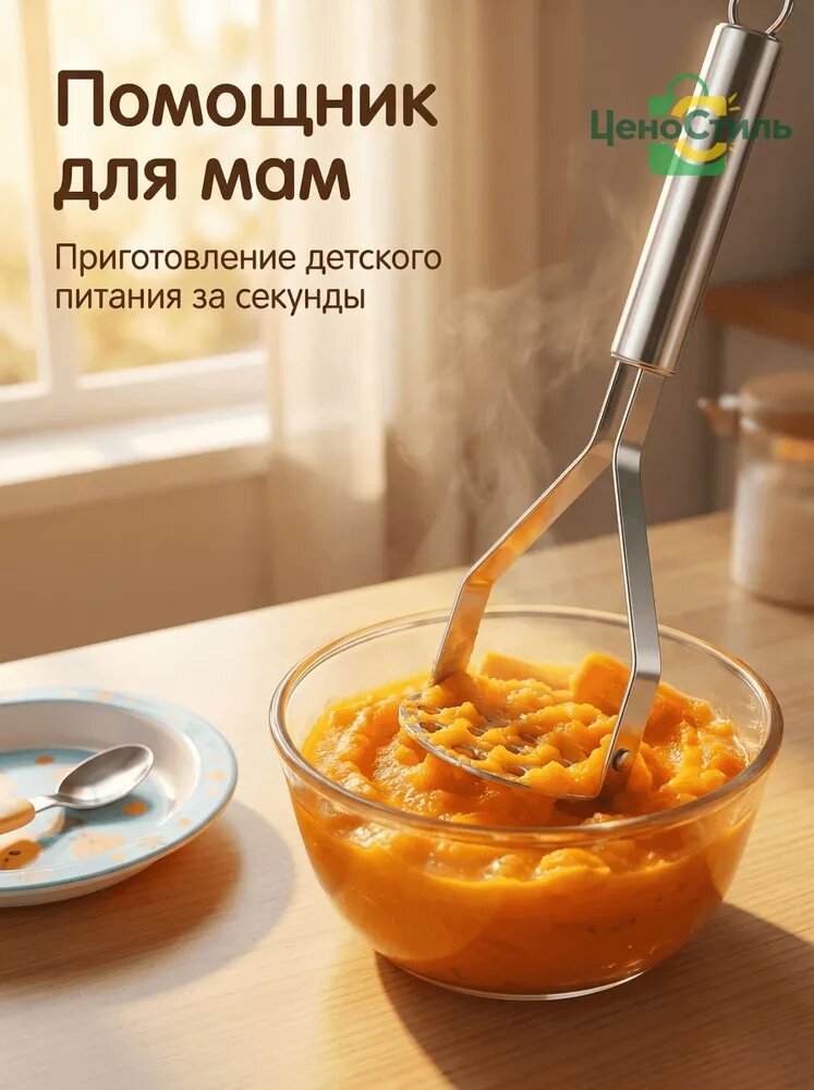 Толкушка для картофеля ЦеноСтиль, 25 см, из нержавеющей стали, для детского питания