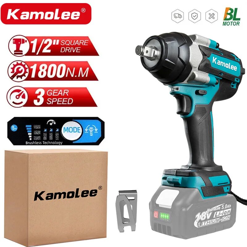 Kamolee 1/2 дюйма бесщеточный электрический ударный гайковерт, 1800 Нм, 8900 об/мин, со светодиодной подсветкой, съемная автомобильная шина (аккумулятор и зарядное устройство в комплекте)