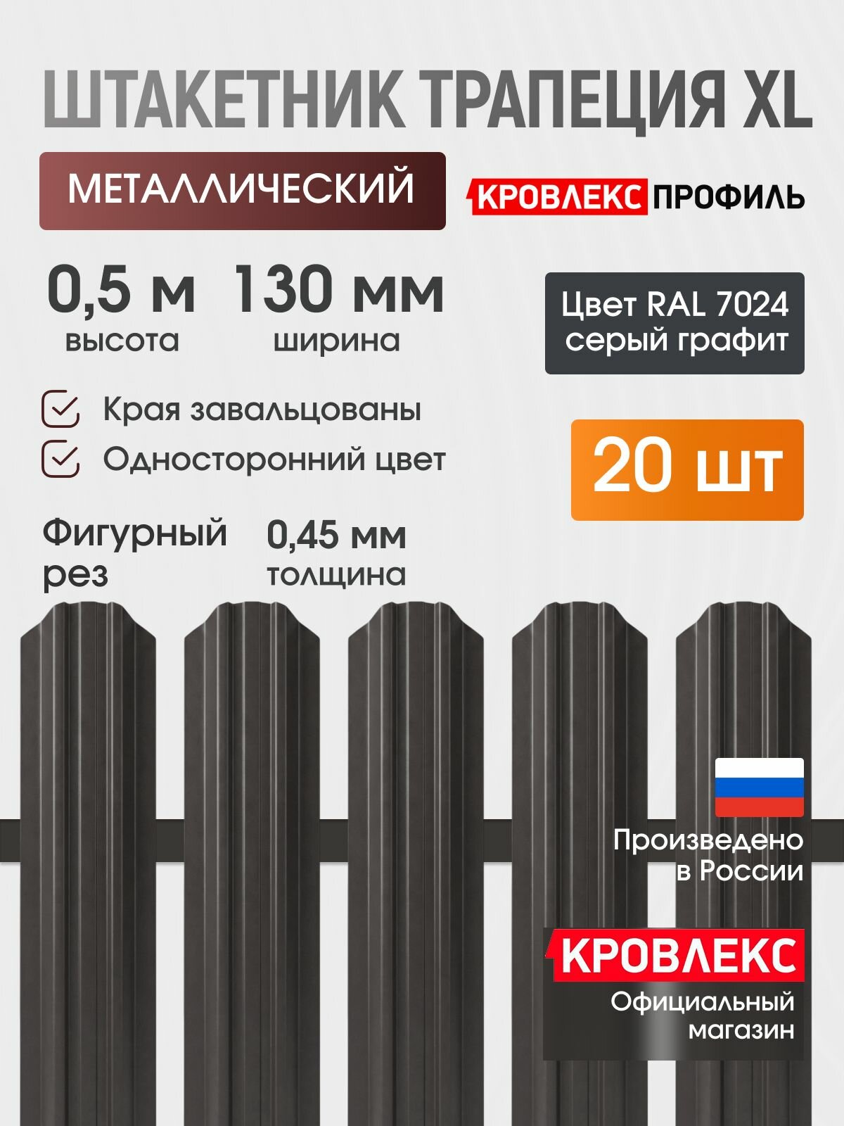 Штакетник металлический, евроштакетник Трапеция 130 мм, фигурный рез, полиэстер 0,45мм, 0,5м, RAL 7024, (20 шт)