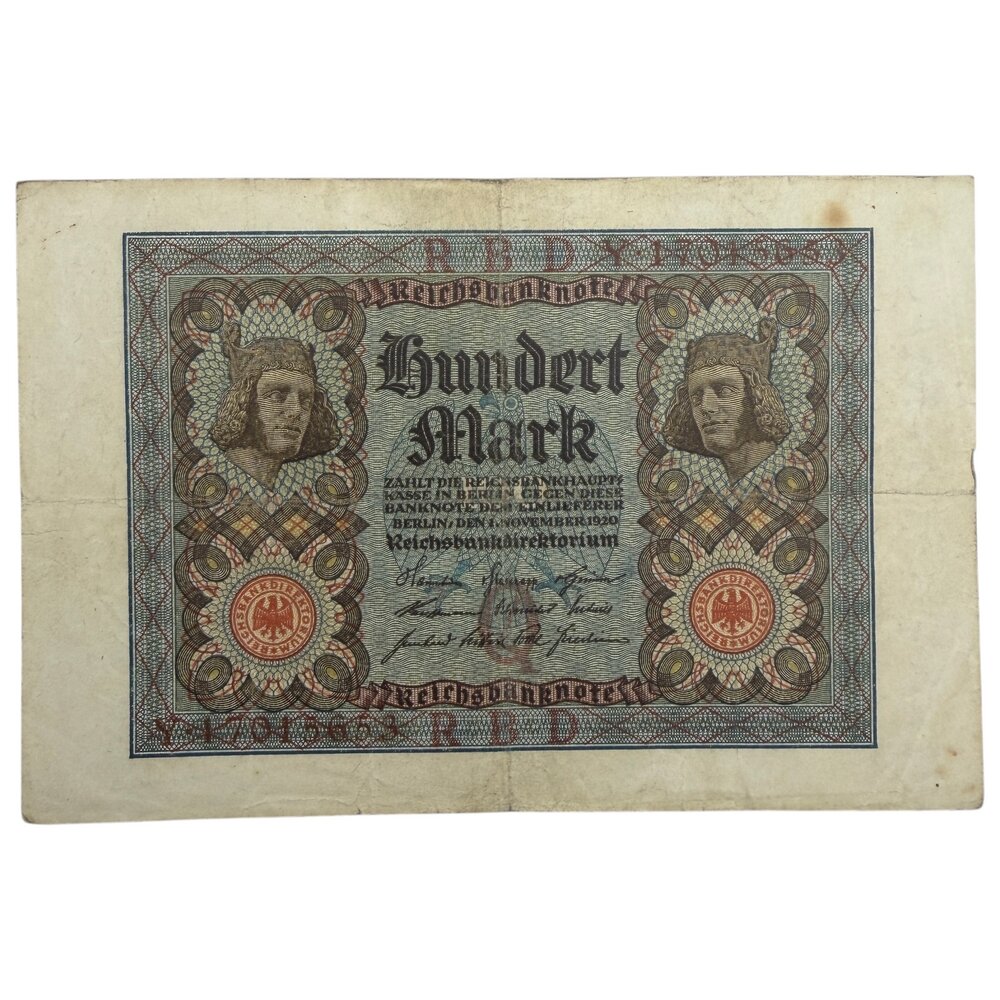 Веймарская республика (Германия) 100 марок 1920 г. (Литера Q) (Серия Y) (8-значный номер)