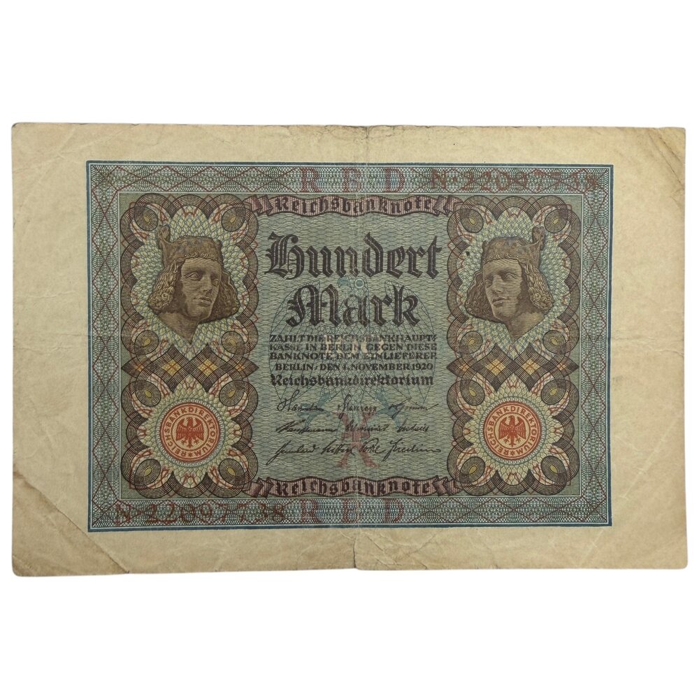 Веймарская республика (Германия) 100 марок 1920 г. (Литера X) (Серия N) (8-значный номер)
