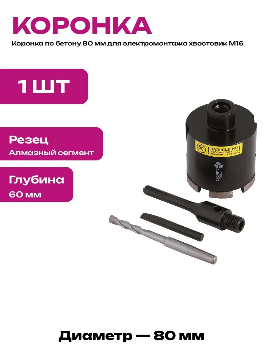 Коронка по бетону 80 мм алмазная для мокрого реза с SDS plus