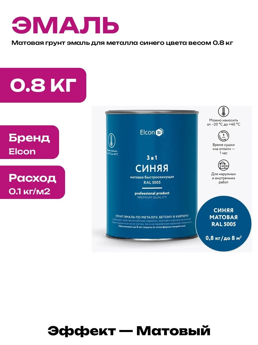 Матовая синяя краска по металлу и ржавчине 3 в 1 вес 0.8 кг