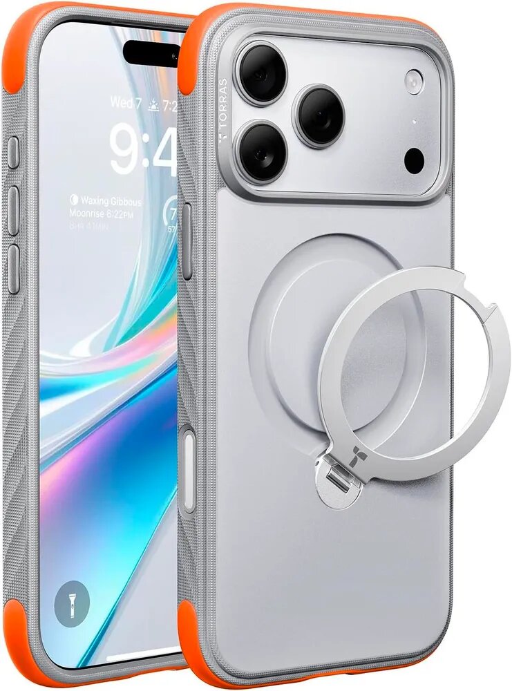 Прочный чехол TORRAS Q3 для iPhone 17 Pro Max с поворотным магнитным держателем на 360 , совместимый с MagSafe, защитой от падений с высоты 5 метров по военным стандартам и нескользящей ручкой