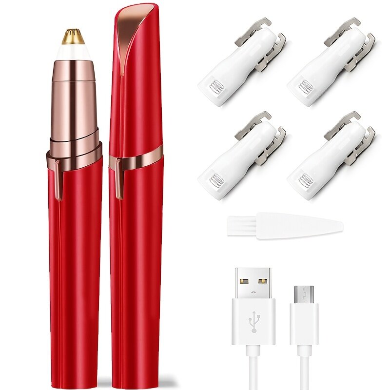 Портативный электрический триммер для бровей и тела, 5 лезвий, USB-зарядка, красный