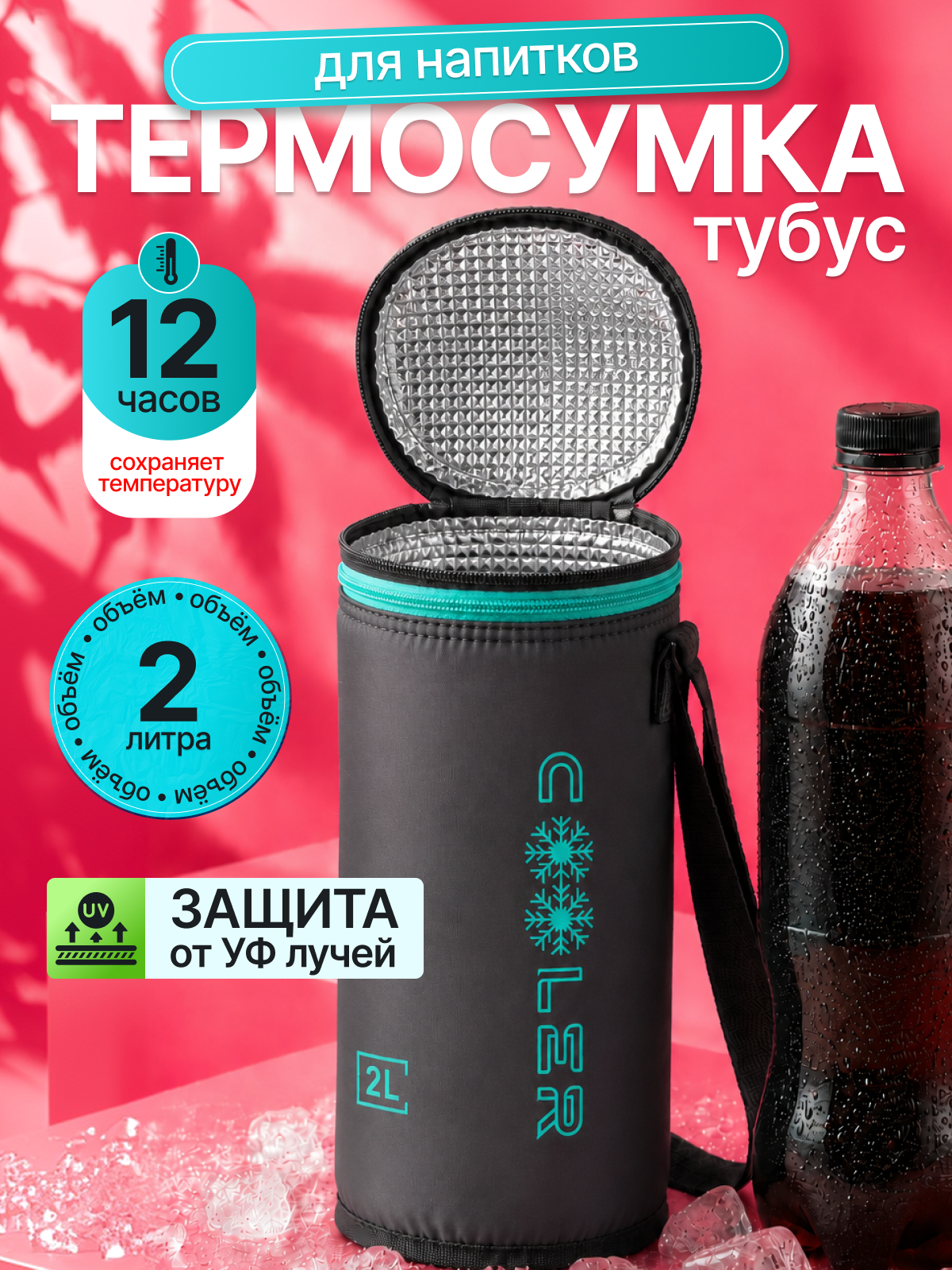 Термосумка холодильник 2 литра, сумка-тубус для бутылок и напитков, серая