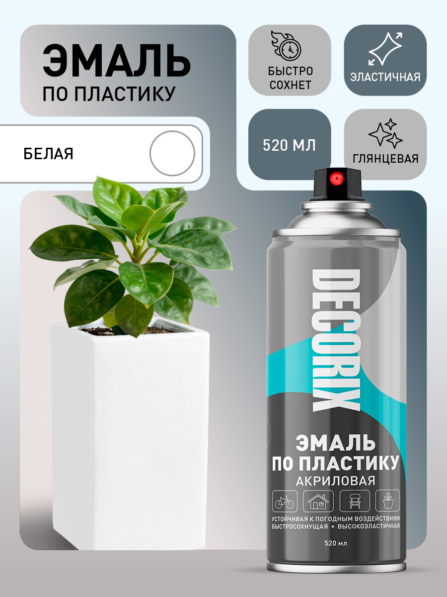 Краска для пластика белая глянцевая аэрозольная DECORIX - эмаль по пластику в баллончике 520 мл аэрозольная эмаль для пластика белая глянцевая эмаль