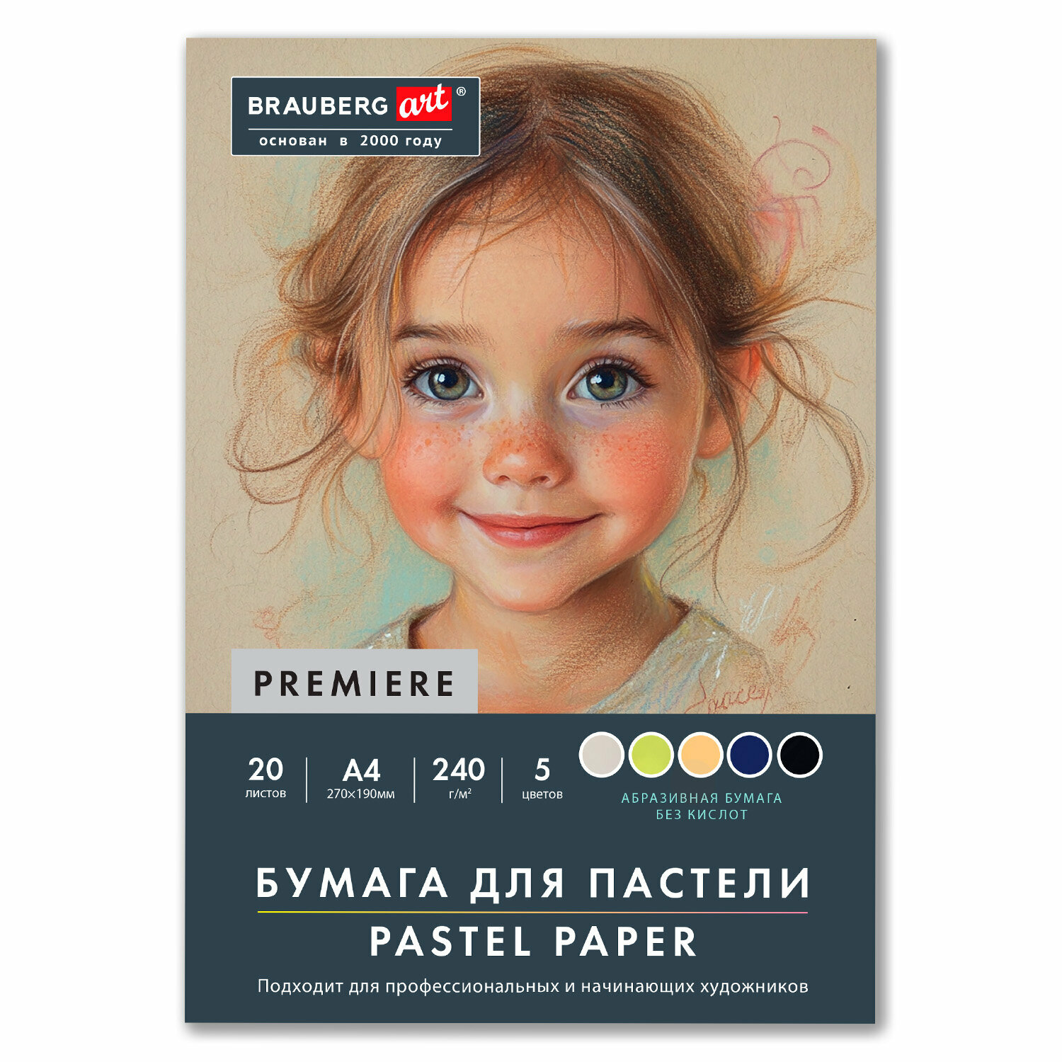 Бумага для пастели абразивная А4 в папке, 20 листов, 5 цветов, 240 г/м2, BRAUBERG ART, 117763