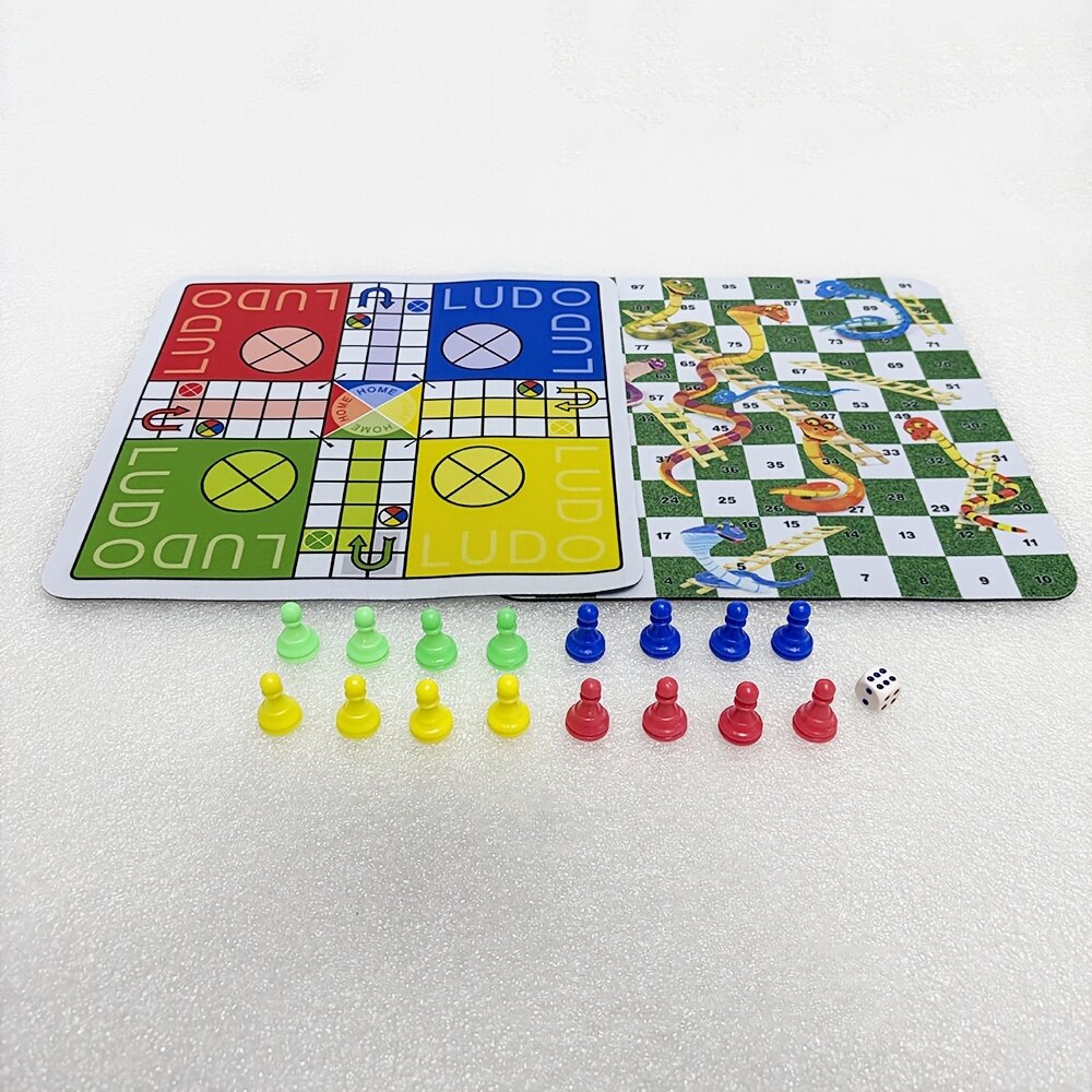 Настольная игра Ludo и Змейки и лестницы, набор из 2 досок, 16 фишек и 1 кубика, для вечеринок и путешествий, подарок для семьи и друзей