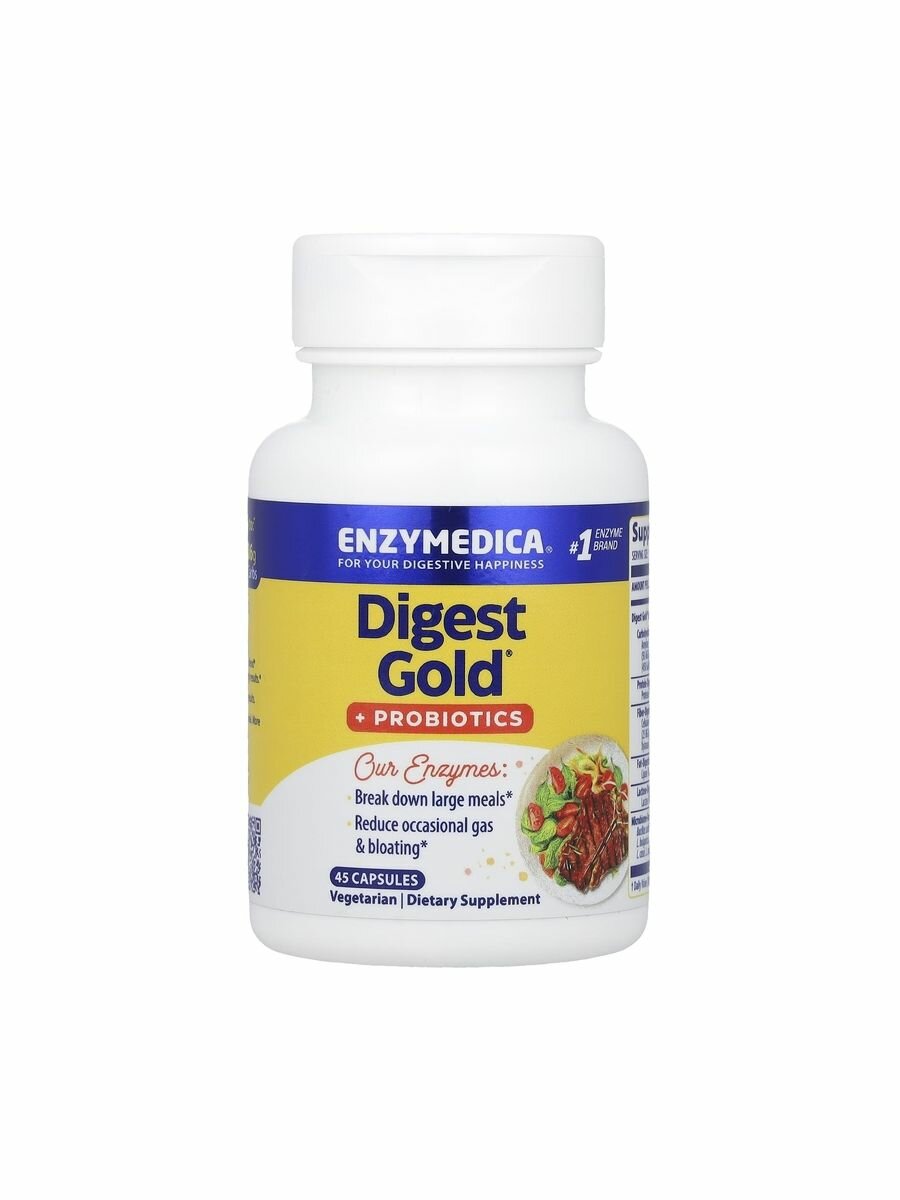 Enzymedica, Digest Gold + Probiotics, Ферменты для пищеварения комплекс + пробиотики, 45 капсул, для кишечника, расщепляет углеводы, жиры, клетчатку и белок