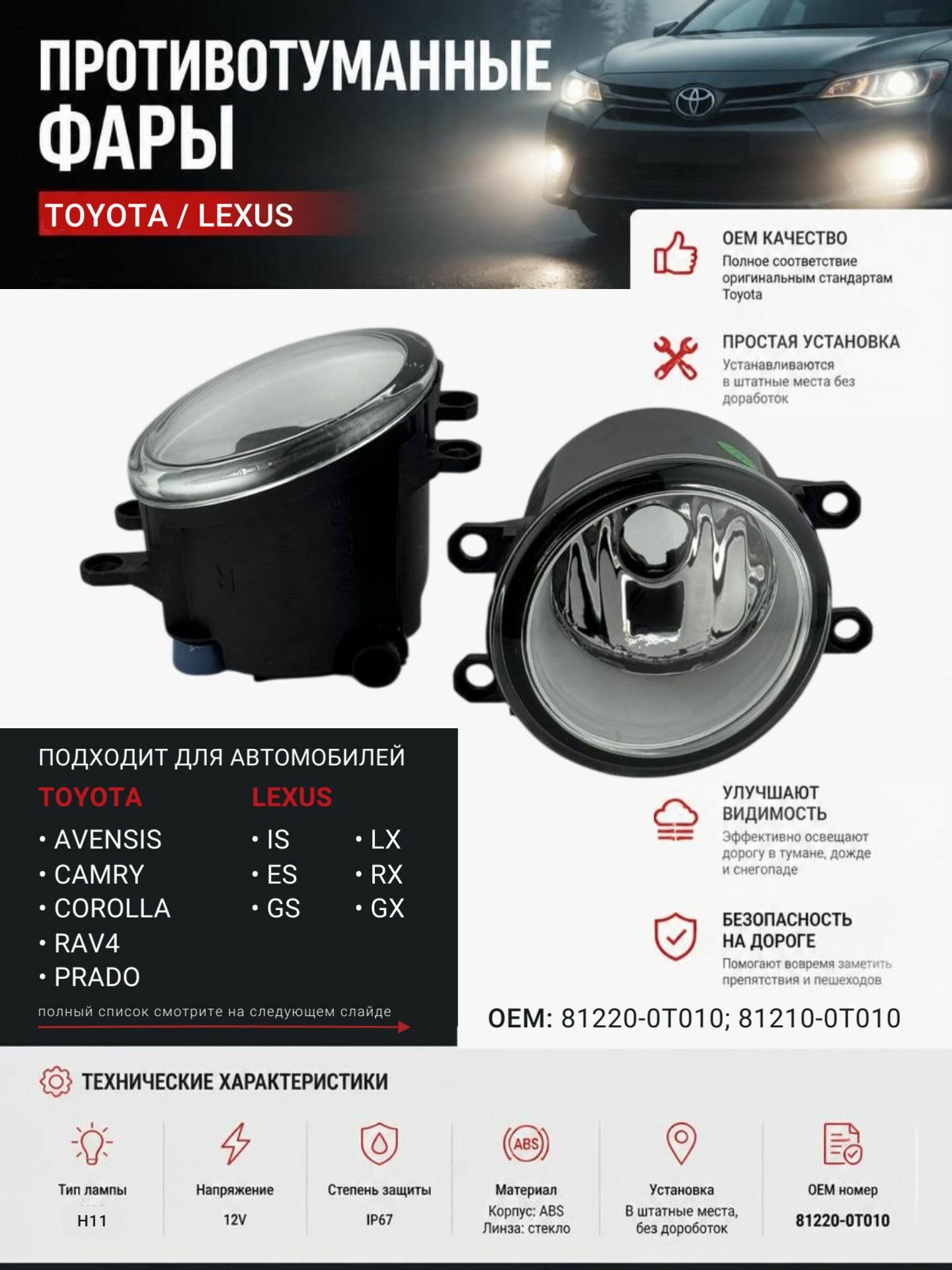 Фары противотуманные (ПТФ) комплект 2шт Toyota Avensis Camry Rav4 Corolla Yaris Auris Prius Land Cruiser