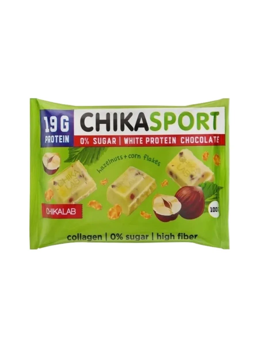 Chikalab Шоколад белый, с фундуком и кукурузными чипсами, 100 г