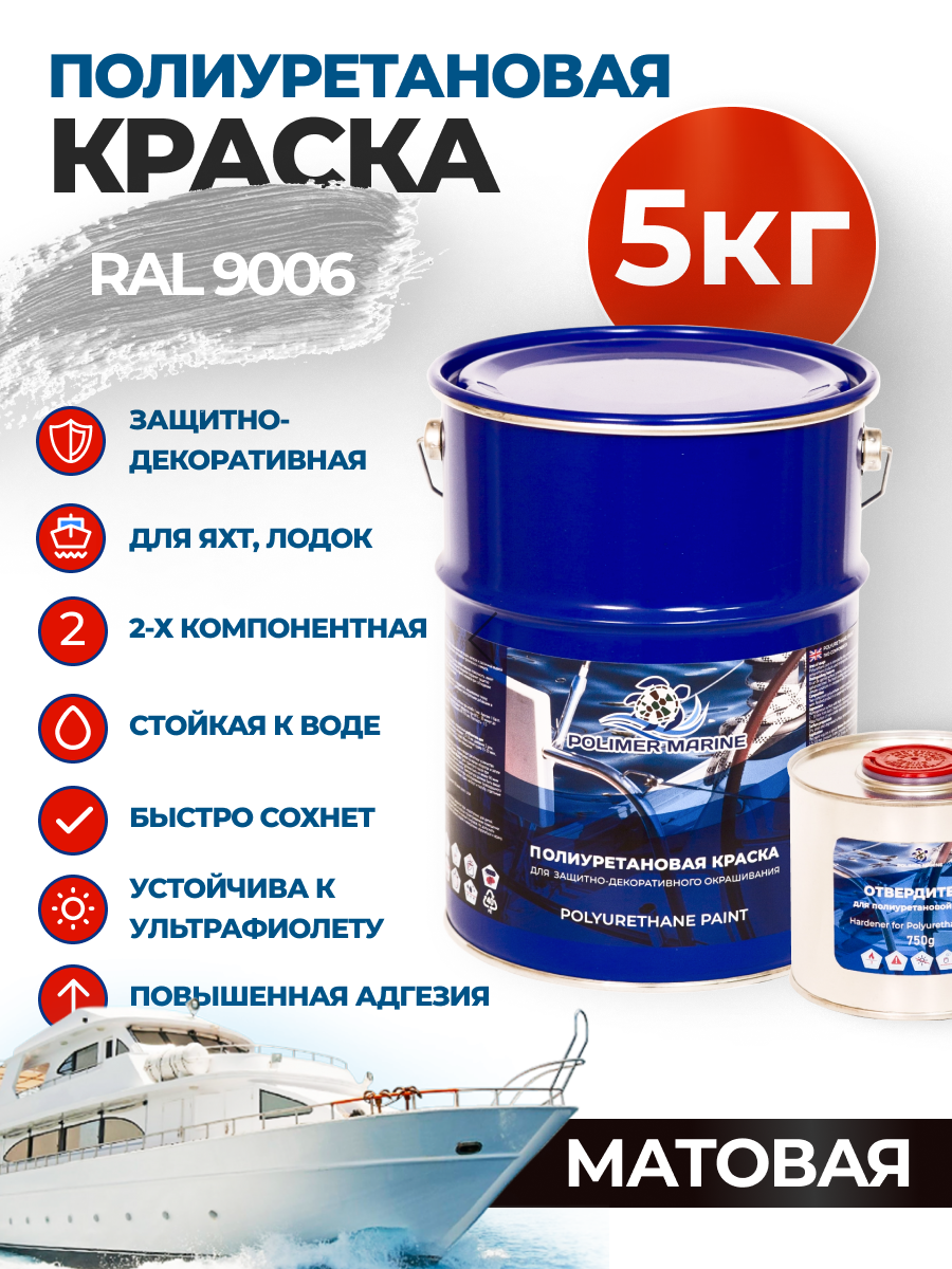 Краска полиуретановая 2К Polimer Marine матовая серебристая комплект (4,25 кг + 0,75 кг)
