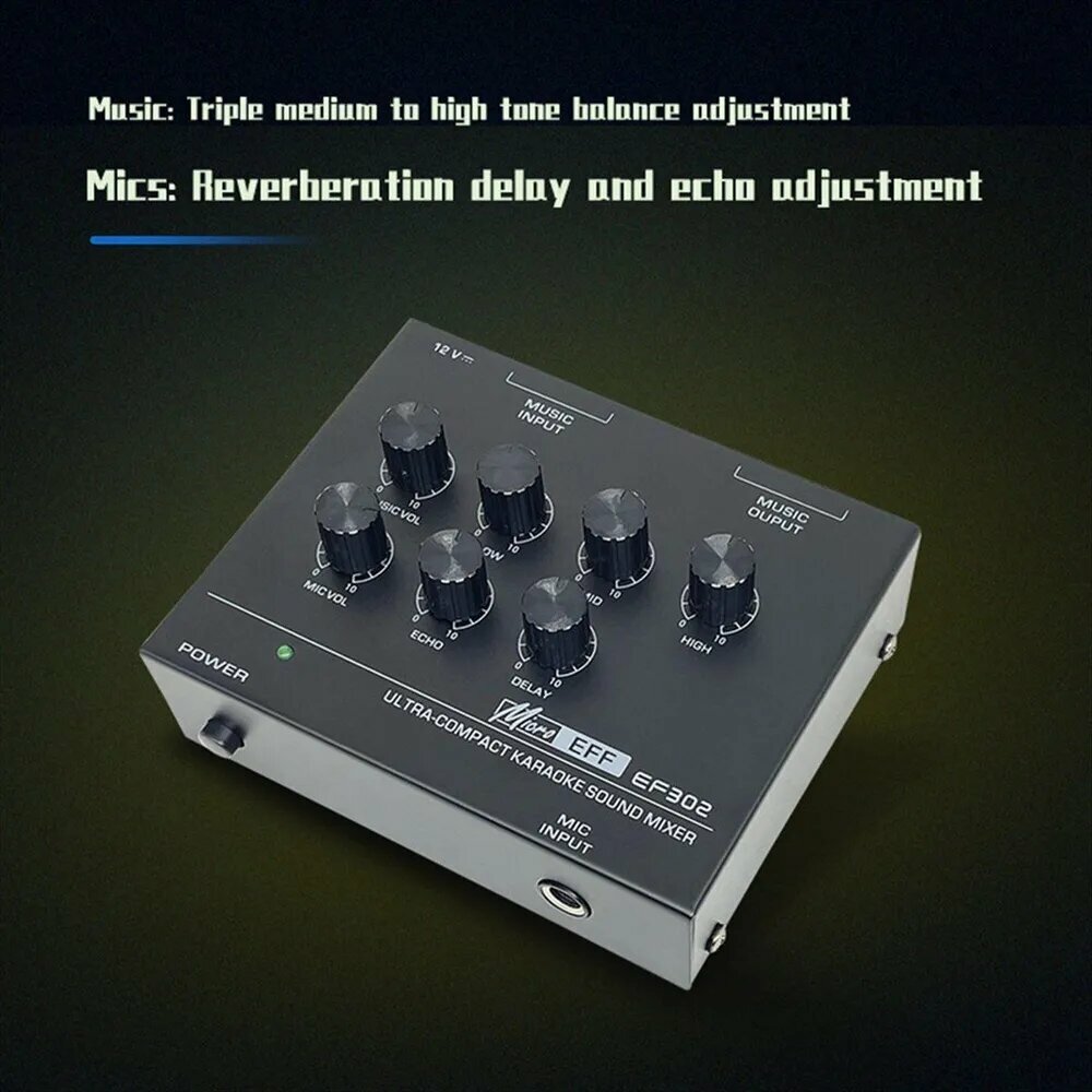 Звуковой микшер EF302 с USB-подключением, микрофоном, эффектами и вилкой европейского стандарта.
