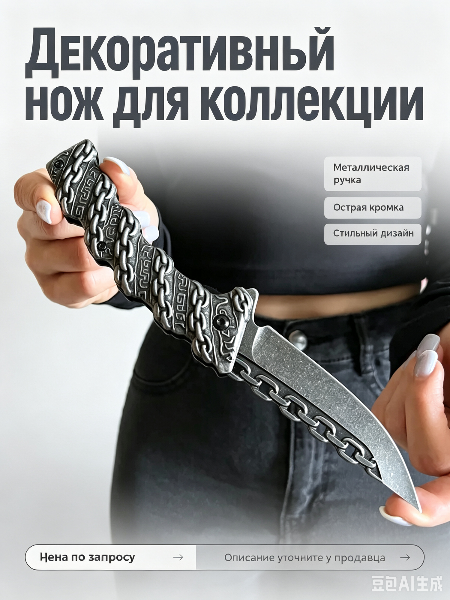 Складной декоративный нож «Кованый» арт.380, металлическая ручка с узором цепи, не является