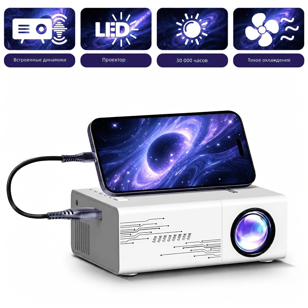 Портативный мини-проектор Smart Projector для дома, офиса, школы и вечеринок, со встроенным динамиком, совместимый со смартфонами и планшетами, с пультом дистанционного управления.