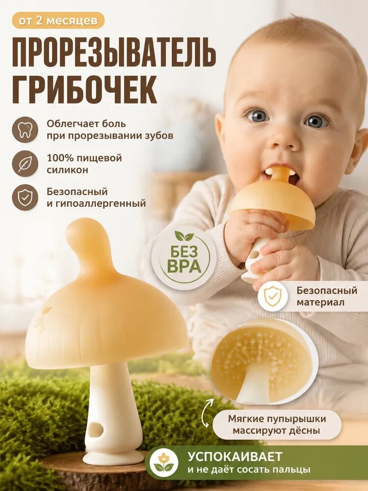 Грибочек прорезыватель-грибок с массажем десен, контейнером и вертикальным размещением, для детей от 3 месяцев