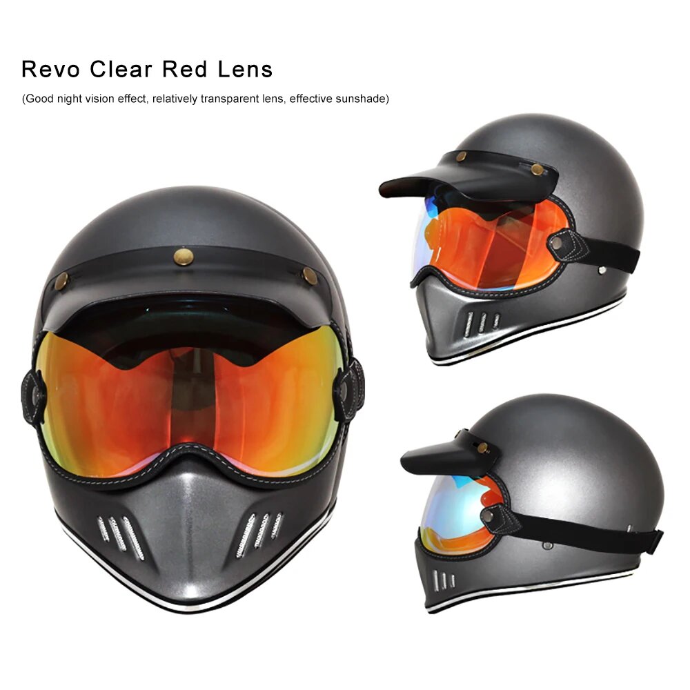 Мотошлем ретро с линзой Revo Clear Red