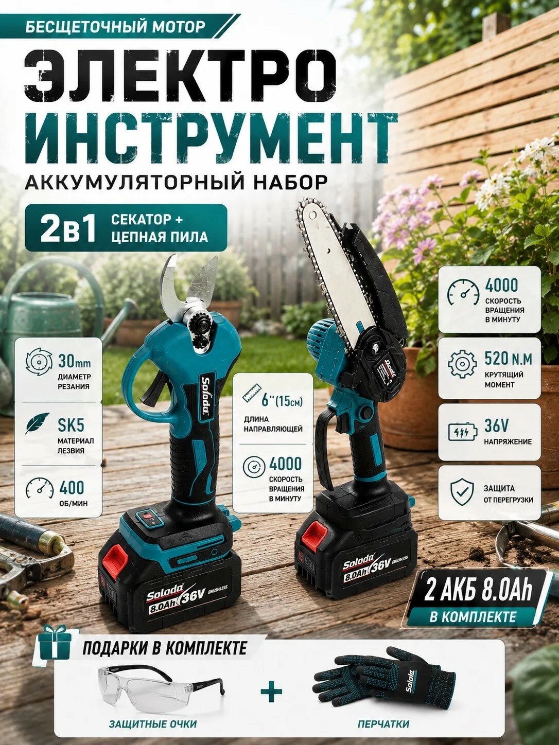 Секатор аккумуляторный и пила садовая набор инструментов