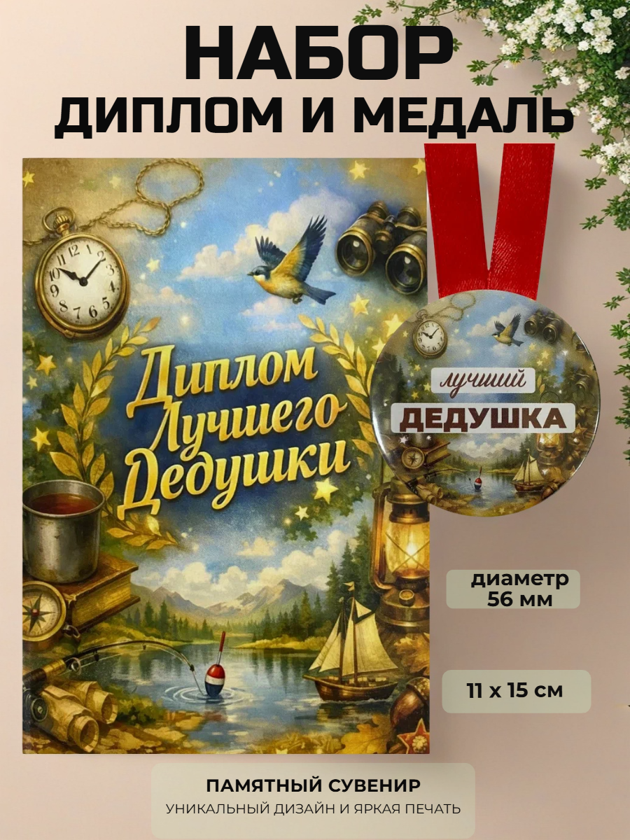 Шуточный диплом открытка "Лучшего дедушки" и сувенирная медаль с атласной лентой, подарочный набор
