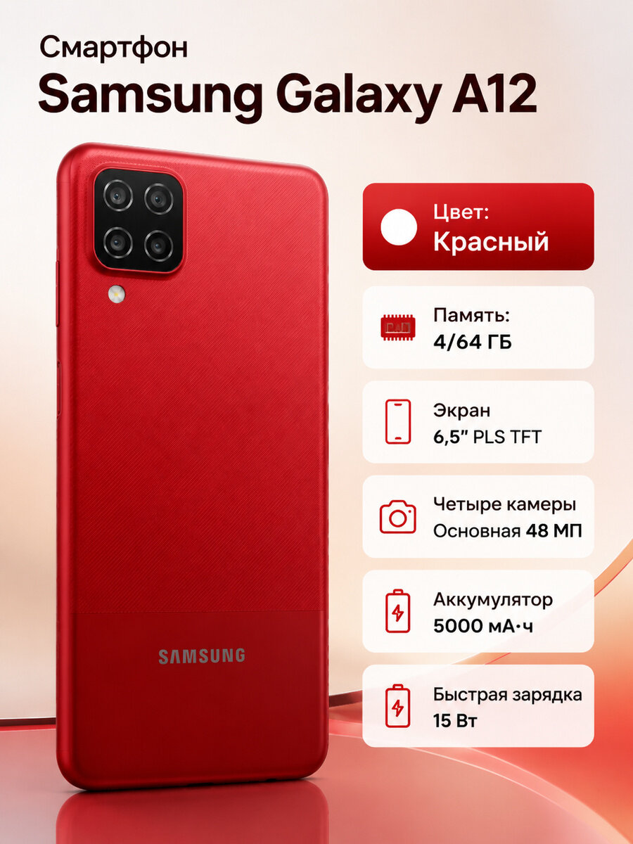Смартфон Samsung Galaxy A12 4/64 ГБ, Dual SIM, 4G LTE, аккумулятор 5000 мА·ч, красный（A12-A125F）