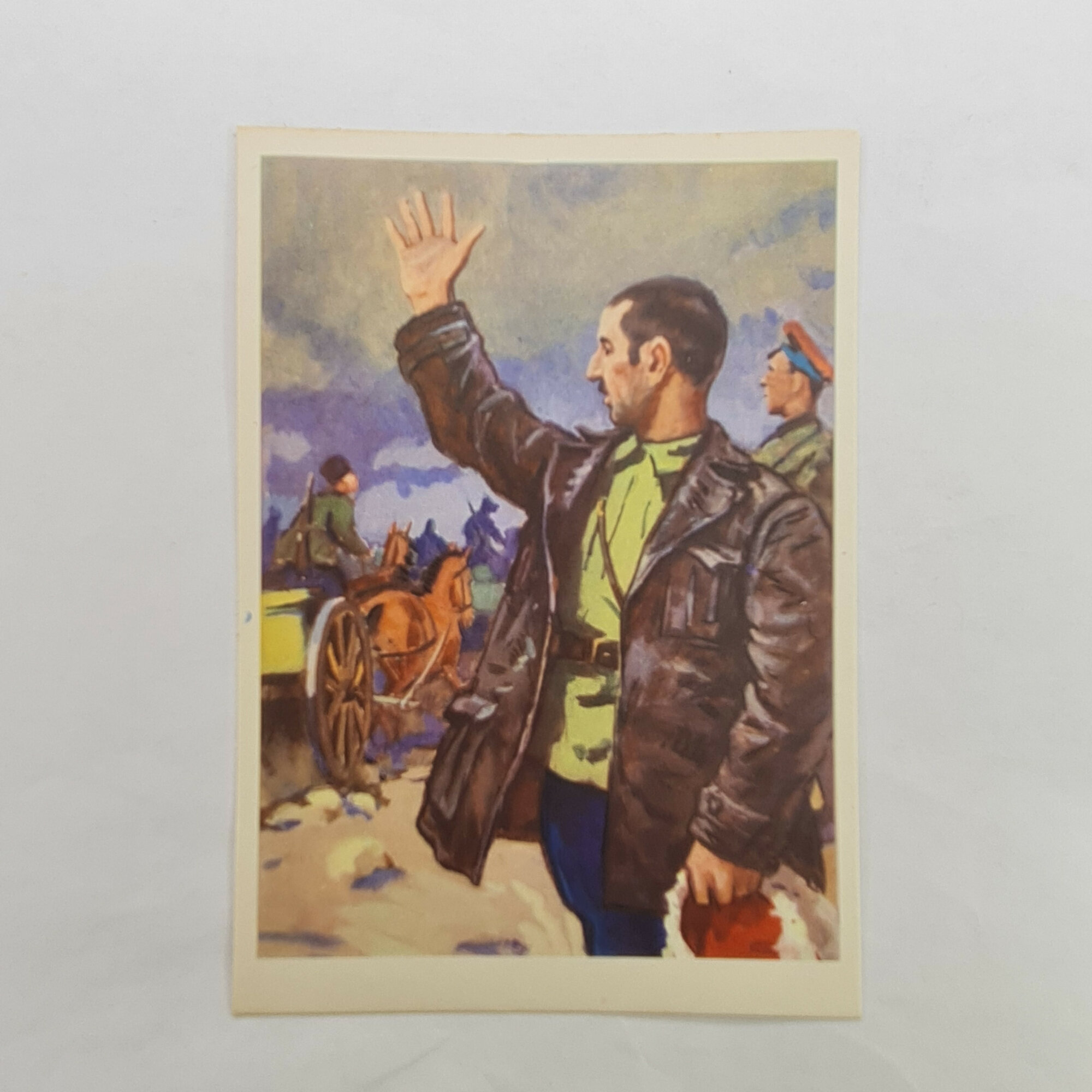 Открытка советская СССР. Герой гражданской войны Киквидзе, командир на фоне артиллерии. винтаж