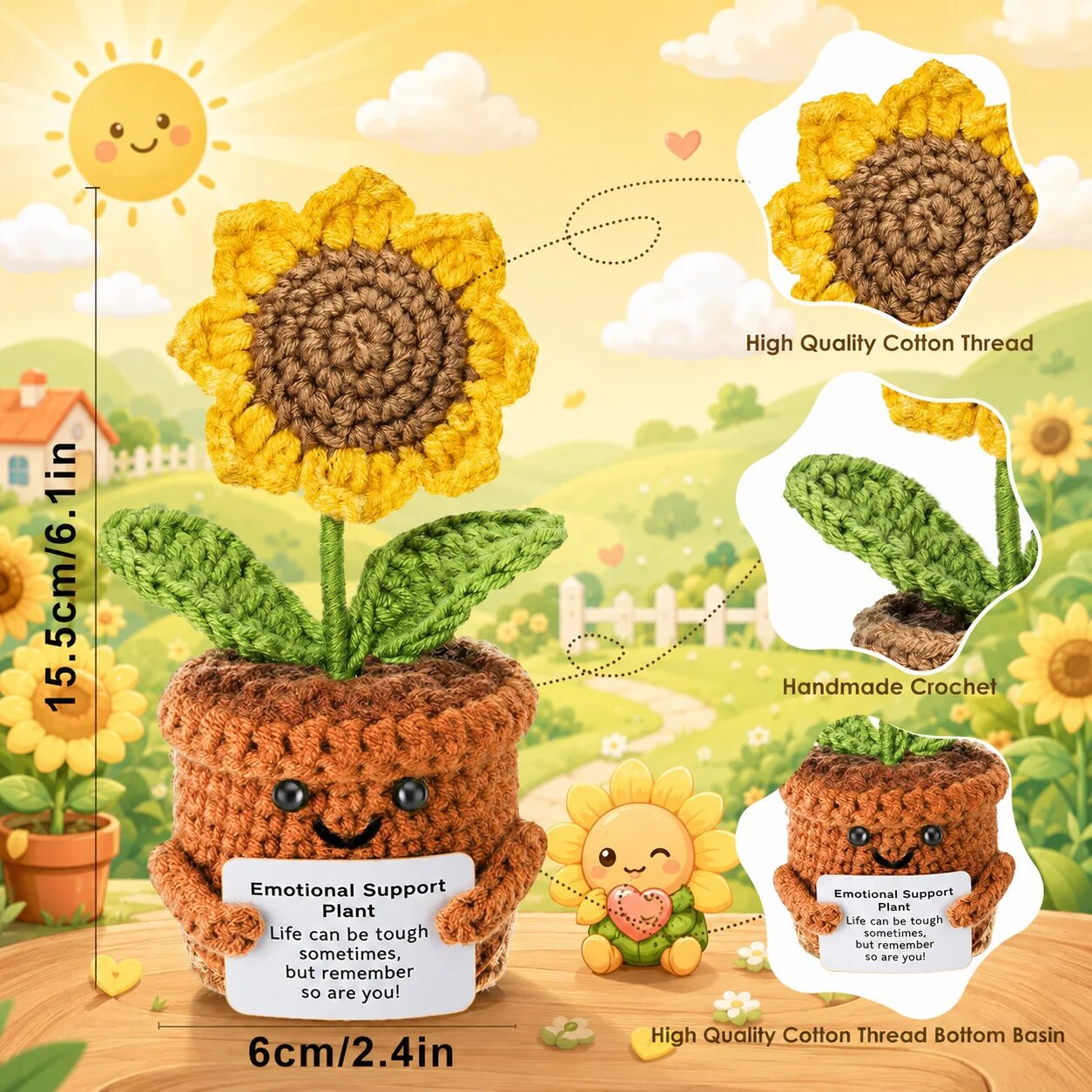 Вязаный подсолнух в горшке, Emotional Support Plant, 6.1in