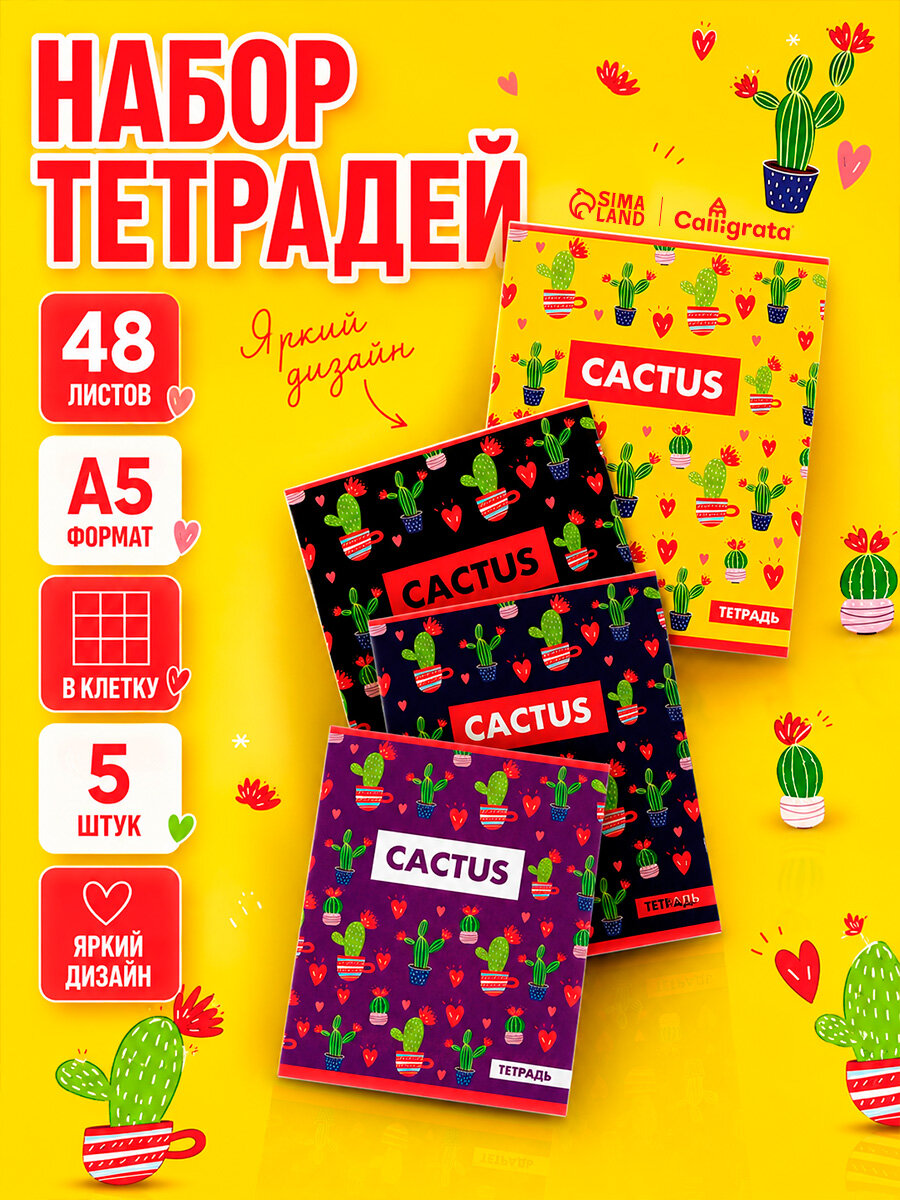 Комплект тетрадей из 5 штук, 48 листов в клетку Calligrata "Кактус", обложка мелованный картон, блок офсет