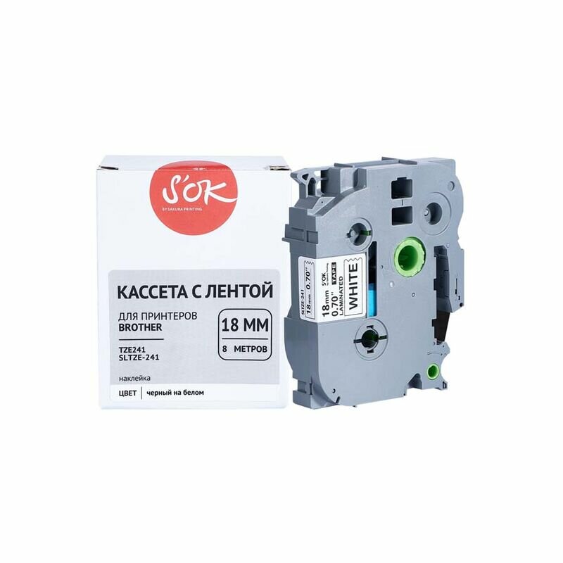 Кассета с лентой TZE-241 для Brother PT-E550WVP, PT-P700, PT-E300VP S'OK черный на белом, 18мм/8м, наклейка