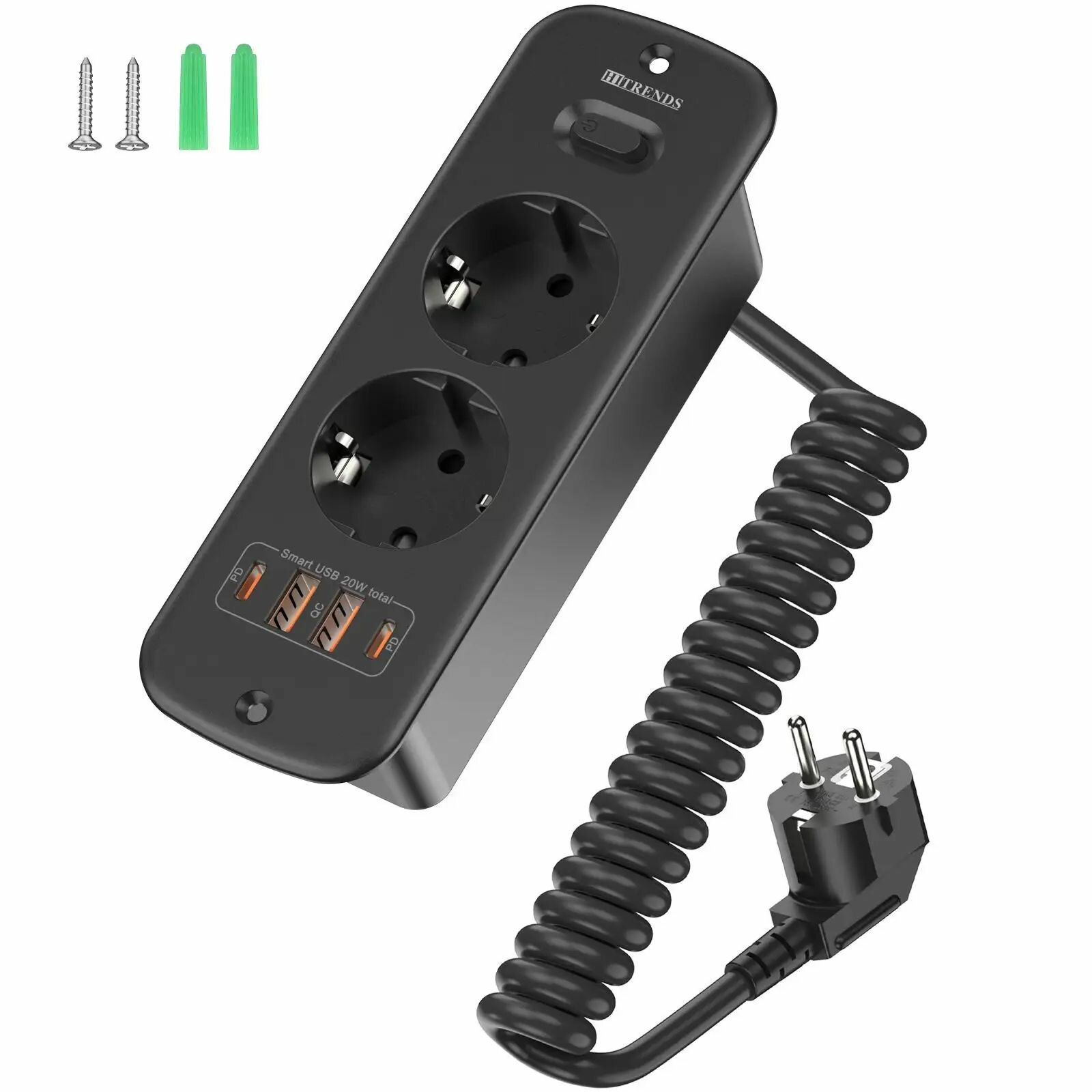 Встраиваемый удлинитель с 2 розетками и 2 USB + 2 Type-C (быстрая зарядка, пружинный кабель), защита от перегрузки, 4000W 16A 250V, огнестойкий
