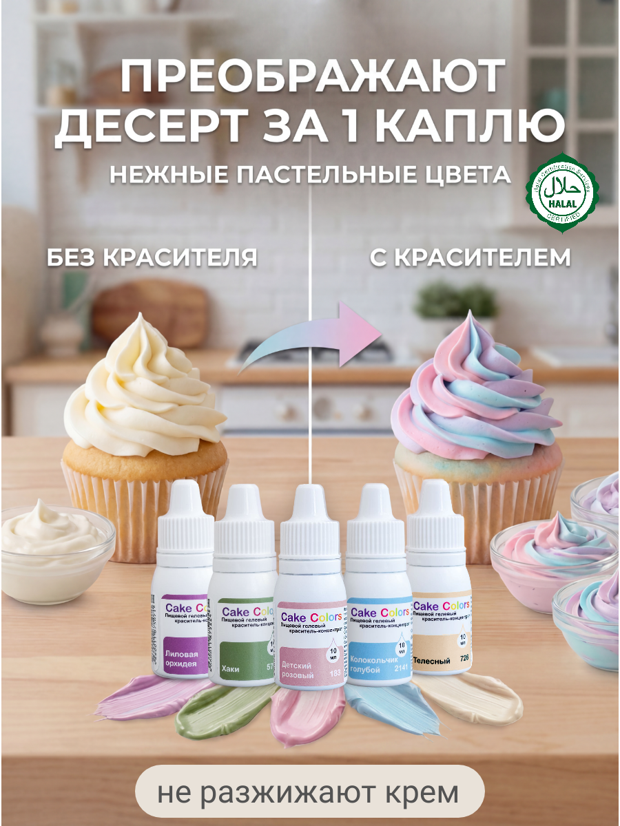 Набор гелевых пищевых красителей для торта и крема Cake Colors, 5 шт по 10 мл
