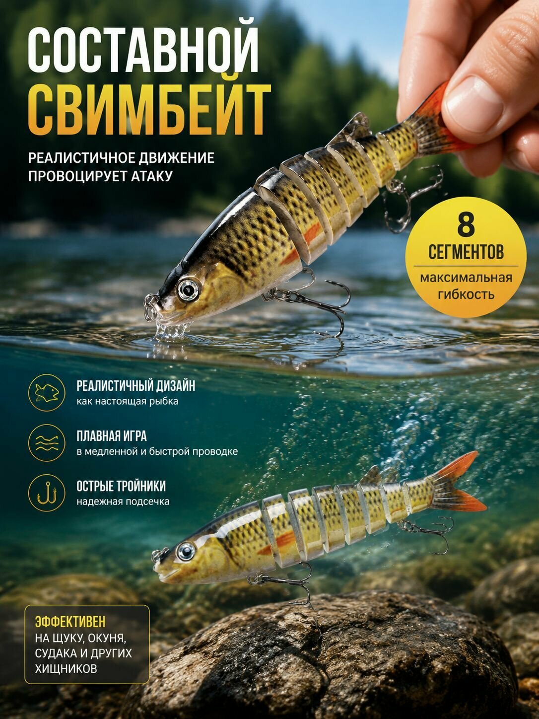 Воблеры свимбейт тонущие 1/15 шт. (13.5см, 19г.) Бионические приманки 8 сегментов на щуку на окуня на судака Swimbait снасти для спиннинга. Рыбка для рыбалки