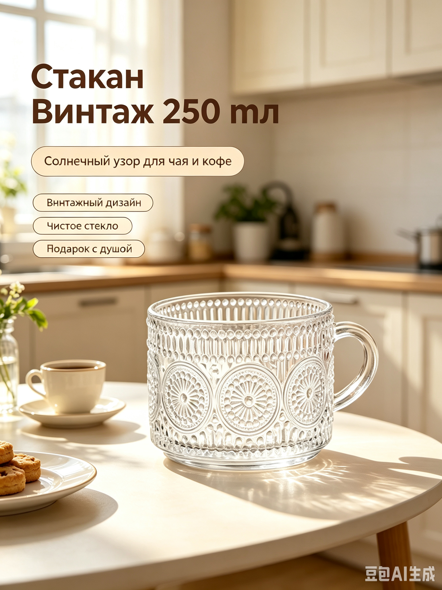 Винтажная стеклянная кружка 250 мл рельеф солнечный узор для чая кофе горячих напитков подарок с душой
