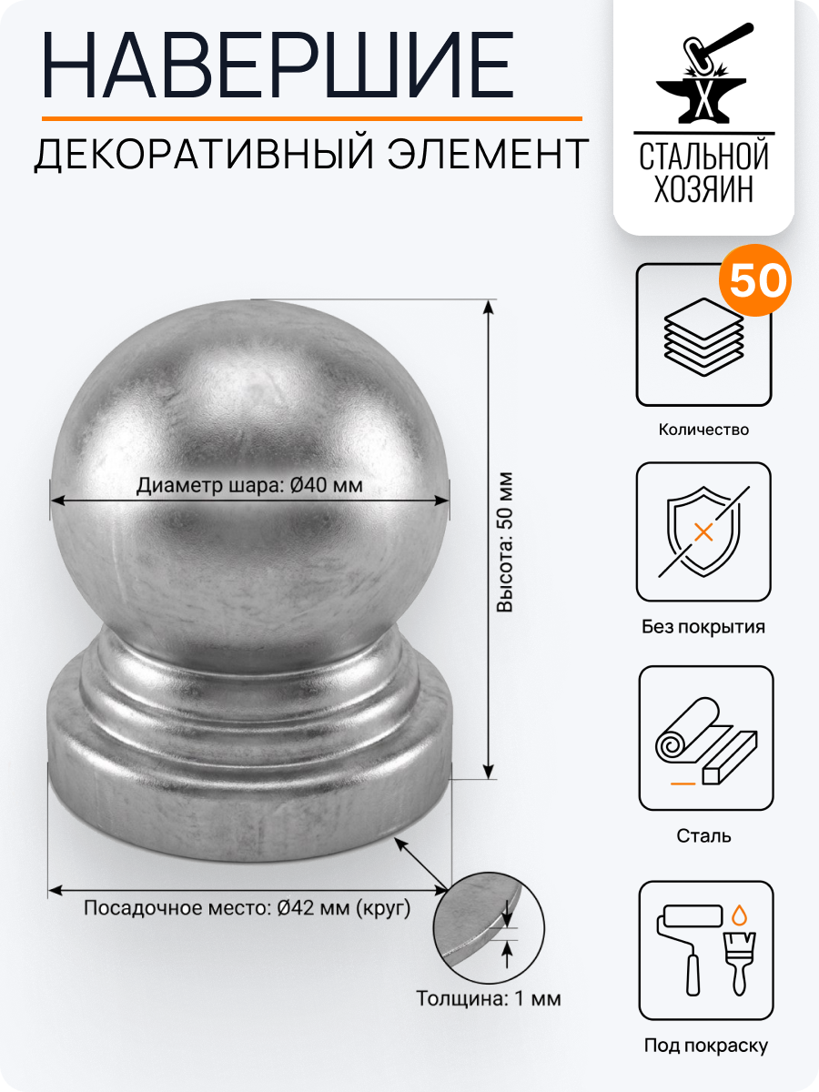 50 шт Кованый элемент Заглушка навершие Посадочное место 40 мм