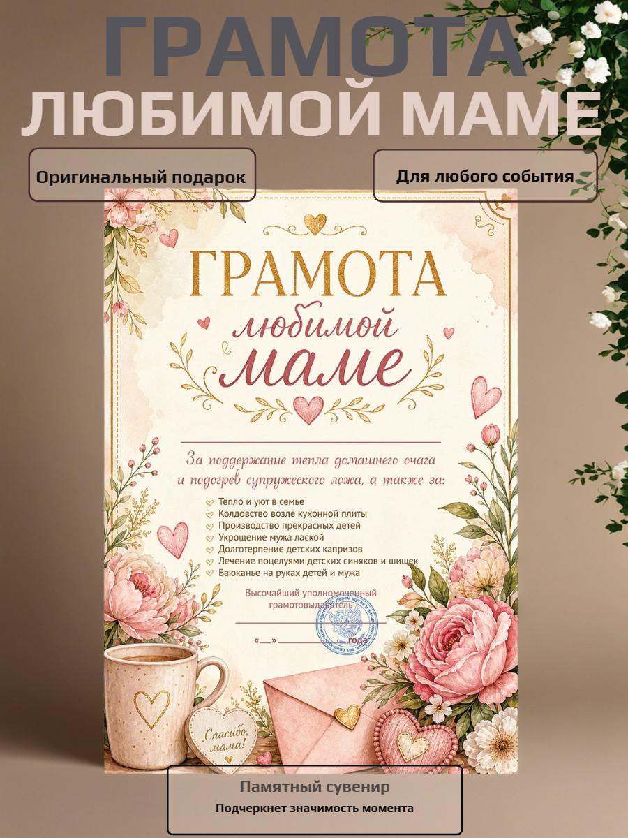 Грамота Филькина грамота "Любимая мама", А4, картон, на день рождения, для мамы