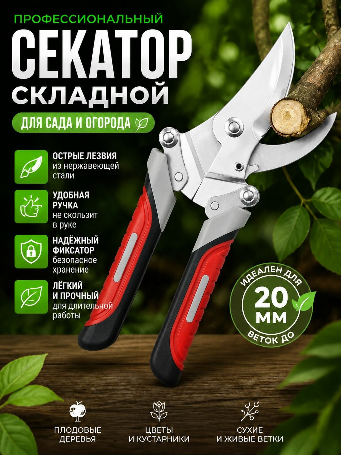 Секатор ручной усиленный для обрезки деревьев, кустов, цветов и сбора фруктов