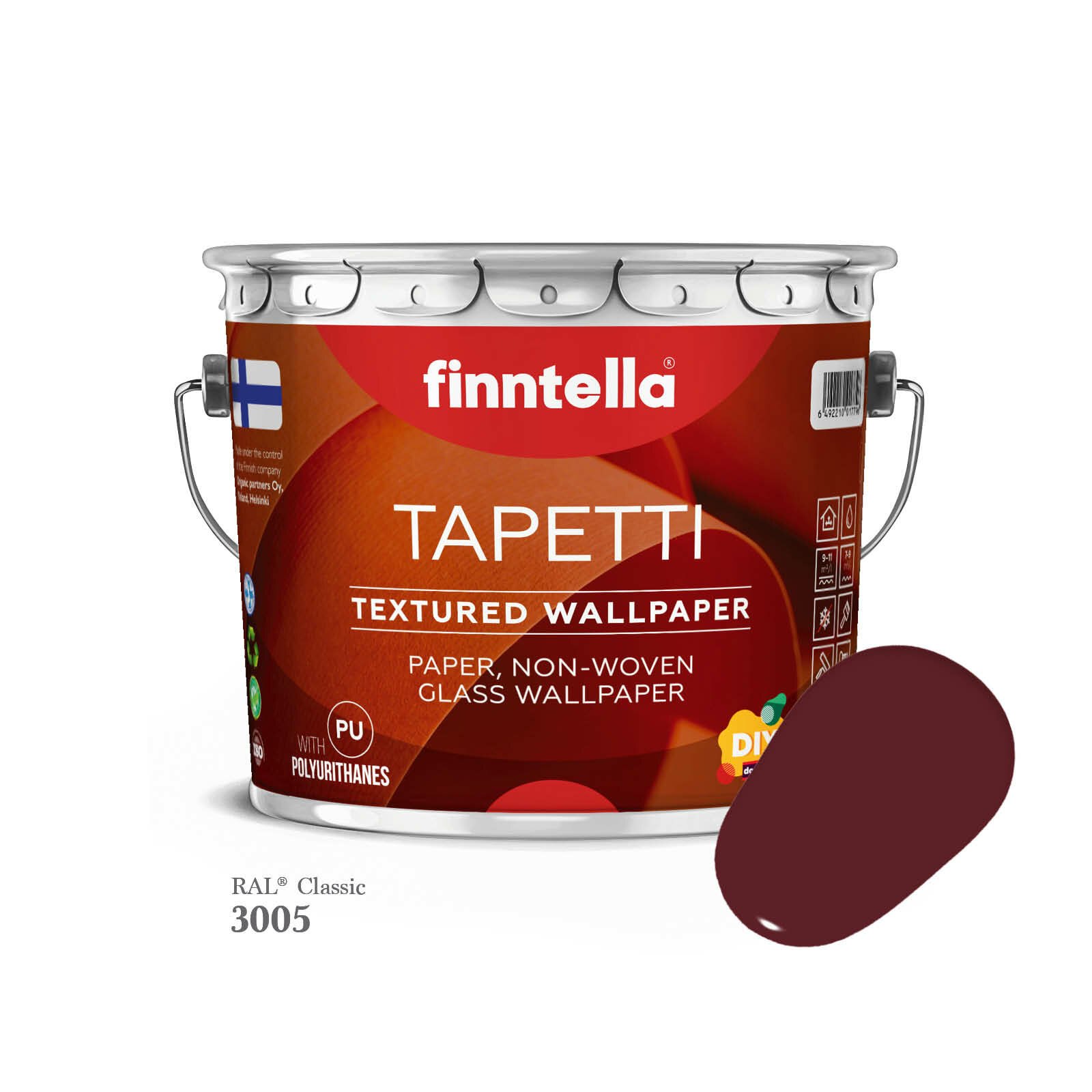 Шелковисто-матовая краска для обоев под окраску TAPETTI SILKKI Matta FINNTELLA, Цвет RAL 3005 Винно-красный (Wine red), 2,7л