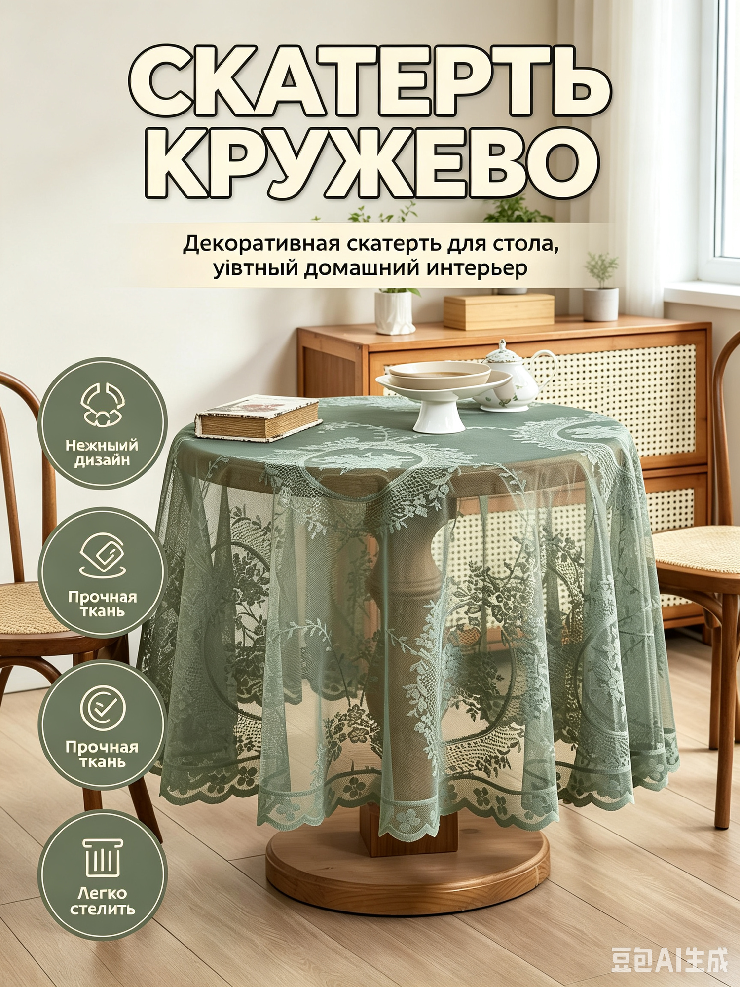 Круглая скатерть из зеленого нескользящего кружева диаметром 180 см, украшение стола