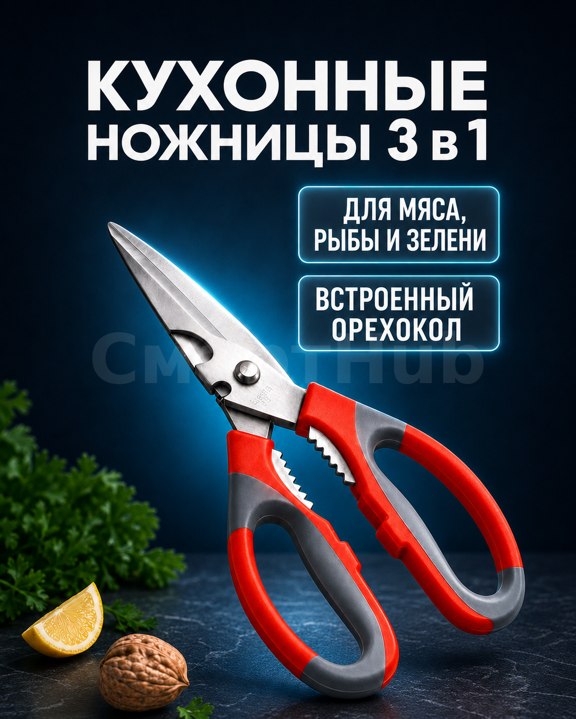 Кухонные ножницы 3в1 многофункциональные из нержавеющей стали, красные /Ножницы для мяса рыбы овощей зелени с орехоколом