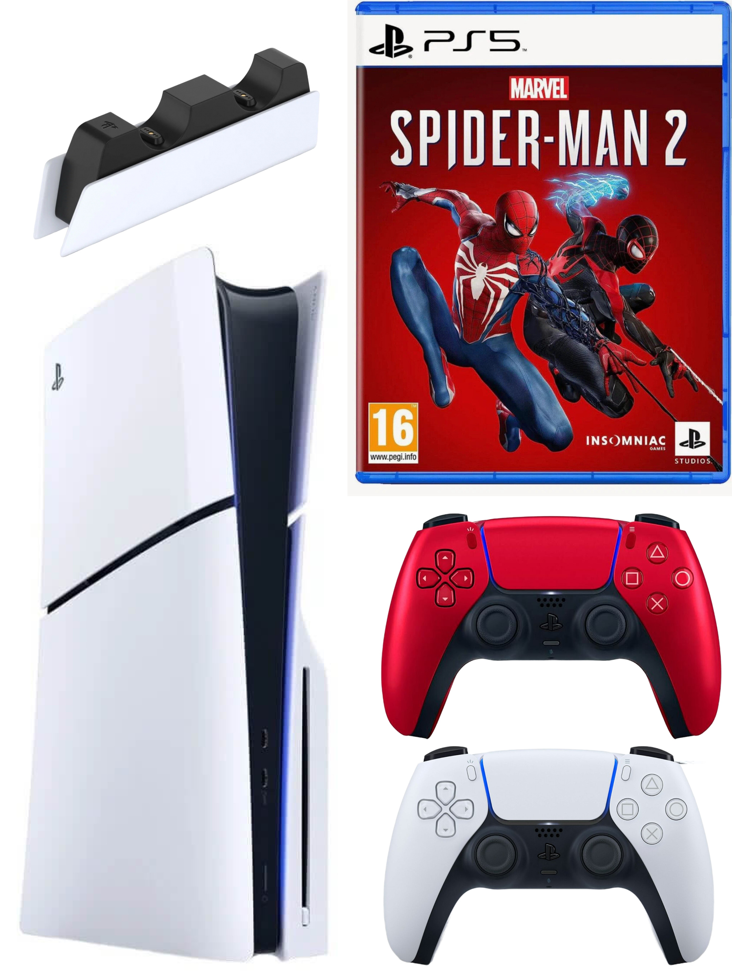 Игровая приставка Sony PS 5 Slim, 1ТБ(с дисководом)+2 геймпад(volcanic red)+Зарядная станция+Marvel Spider Man 2