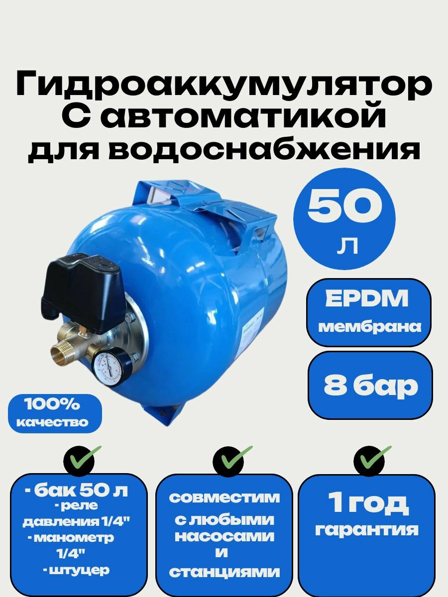 Гидроаккумулятор с автоматикой 50л в сборе (гидробак 50л, реле давления воды, штуцер, манометр)