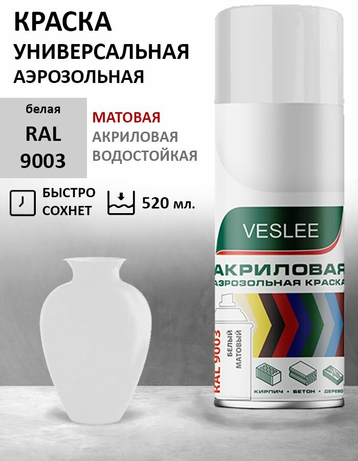 Краска аэрозольная в баллончике эмаль акриловая белая матовая