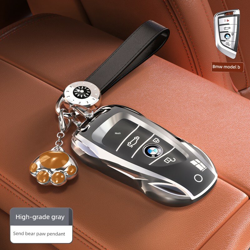 Чехол для ключа BMW B-стиль темно-серый с кожаным шнуром и медвежьей лапой подходит для моделей 3,5, X3, X5, X1, X2, X4, X6