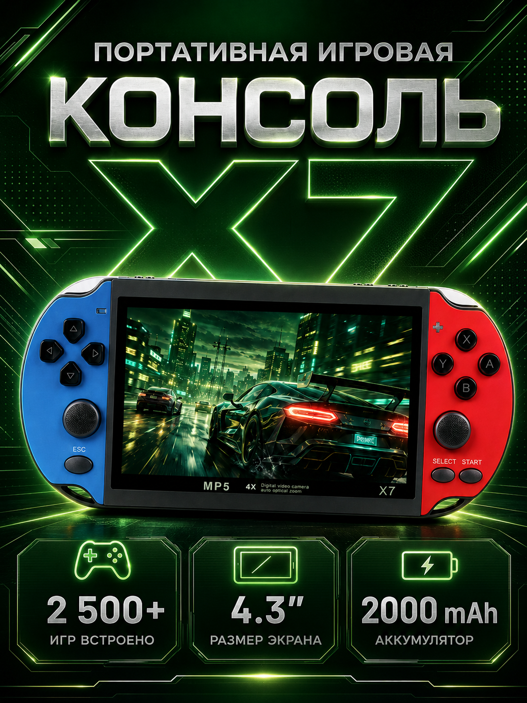 Игровая приставка X7, Портативная игровая консоль с 4.3 дюймовым экраном, 2500+ игр, Память 8 гб, Цветной