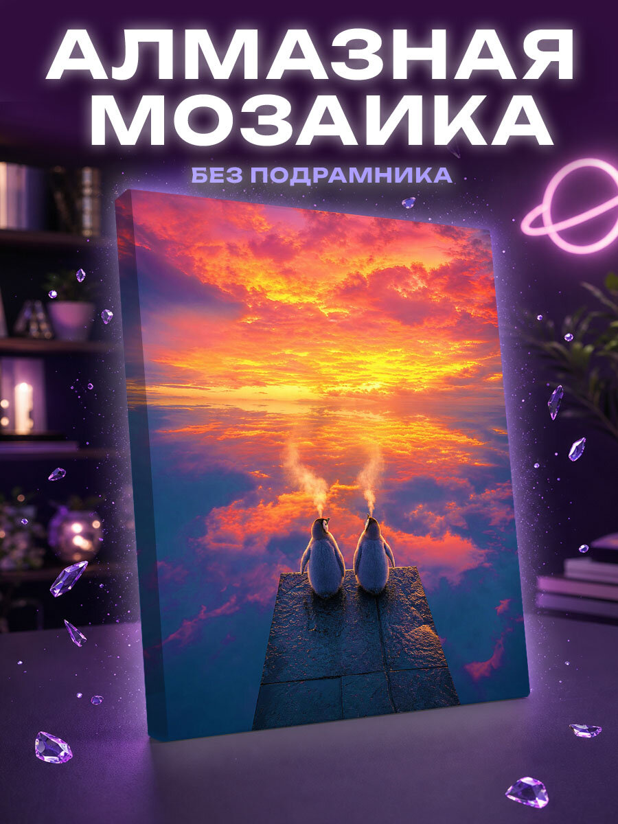 Алмазная мозаика Пингвины над зеркалом заката